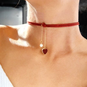 Red Dangling Heart Suede Choker / Red Suede Choker Dangling Heart Charm ...