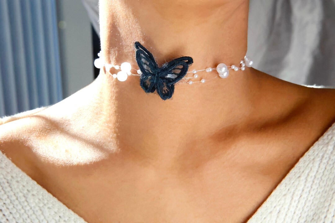 Pearly Black Butterfly Choker / Black Lace Butterfly Choker / Floating ...