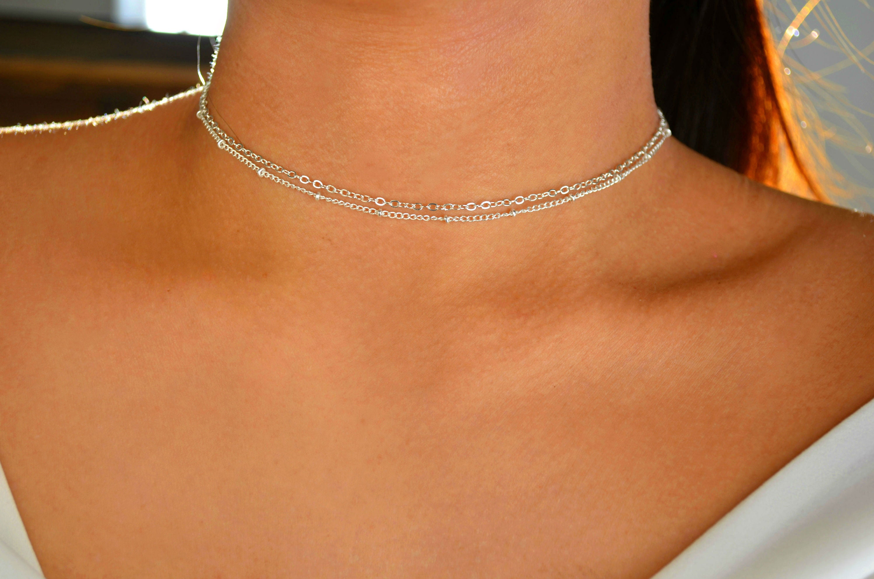 Dainty Silver Double Strand Choker, Elegant Simple Thin Delicate ...