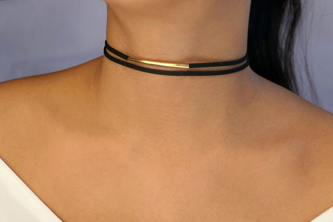 Silver or Gold Bar Suede Choker Necklace, Black Leather Velvet Chokers ...