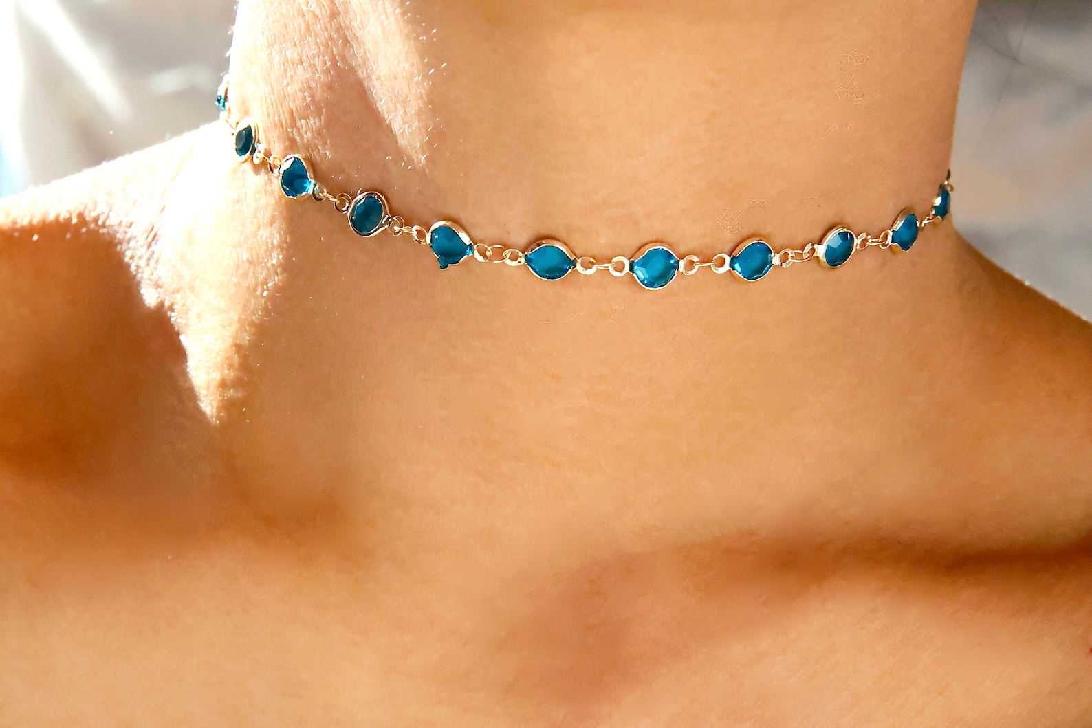 Elegant Blue Rhinestone Choker, Sea Blue Cz Crystal Gemstone Chokers ...