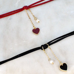 Red Dangling Heart Suede Choker / Red Suede Choker Dangling Heart Charm ...