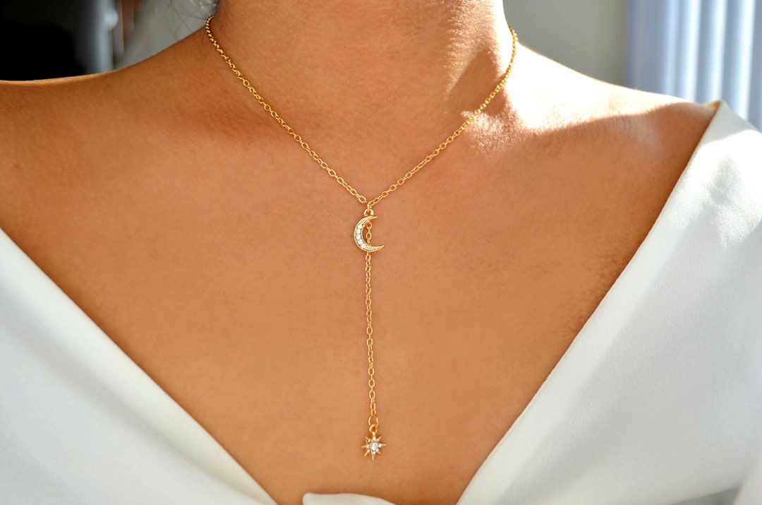 Dainty Gold Crescent Lariat, Celestial Moon Star Elegant Long Y Drop ...