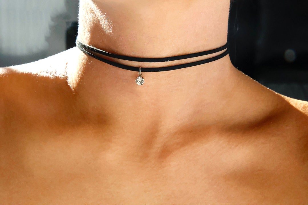 Rhinestone Charm Black Suede Choker / Thin Black Choker Charm / Black ...