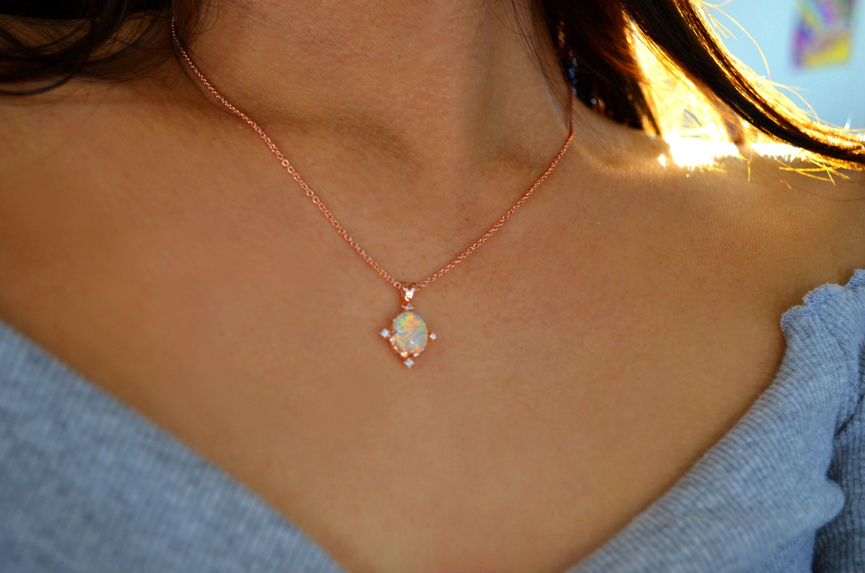 Rose gold opal necklace / rose gold opal pendant / tiny opal | Etsy