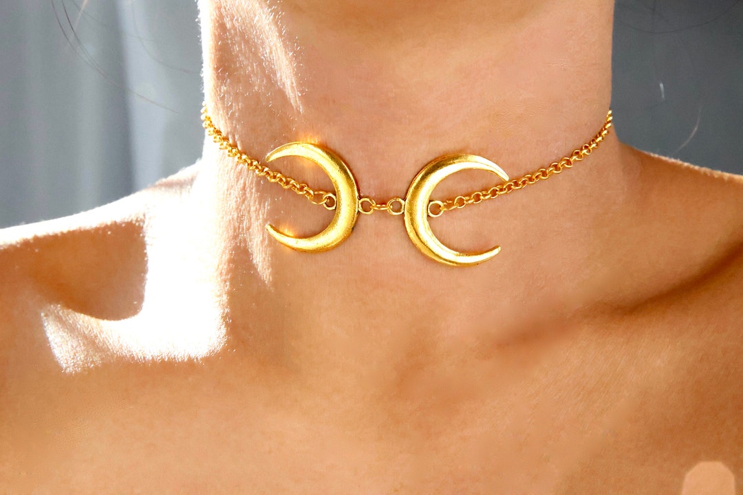 2 COLORS, Triple Goddess Choker Necklace / Triple Moon Choker Gold ...