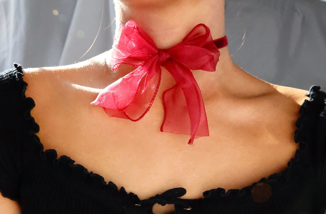 Red Lace Bow Choker Necklace / Big Red Lace Bow Choker / Red Ribbon ...