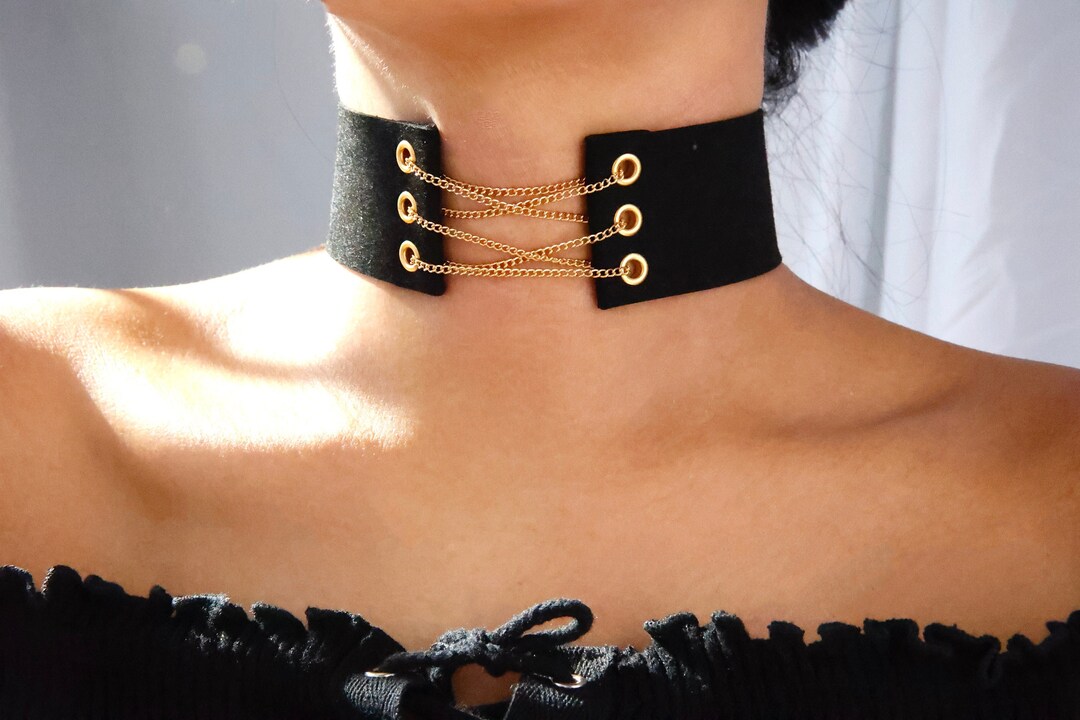 Black Suede Choker Layered Chains / Thick Black Velvet Choker / Thick ...