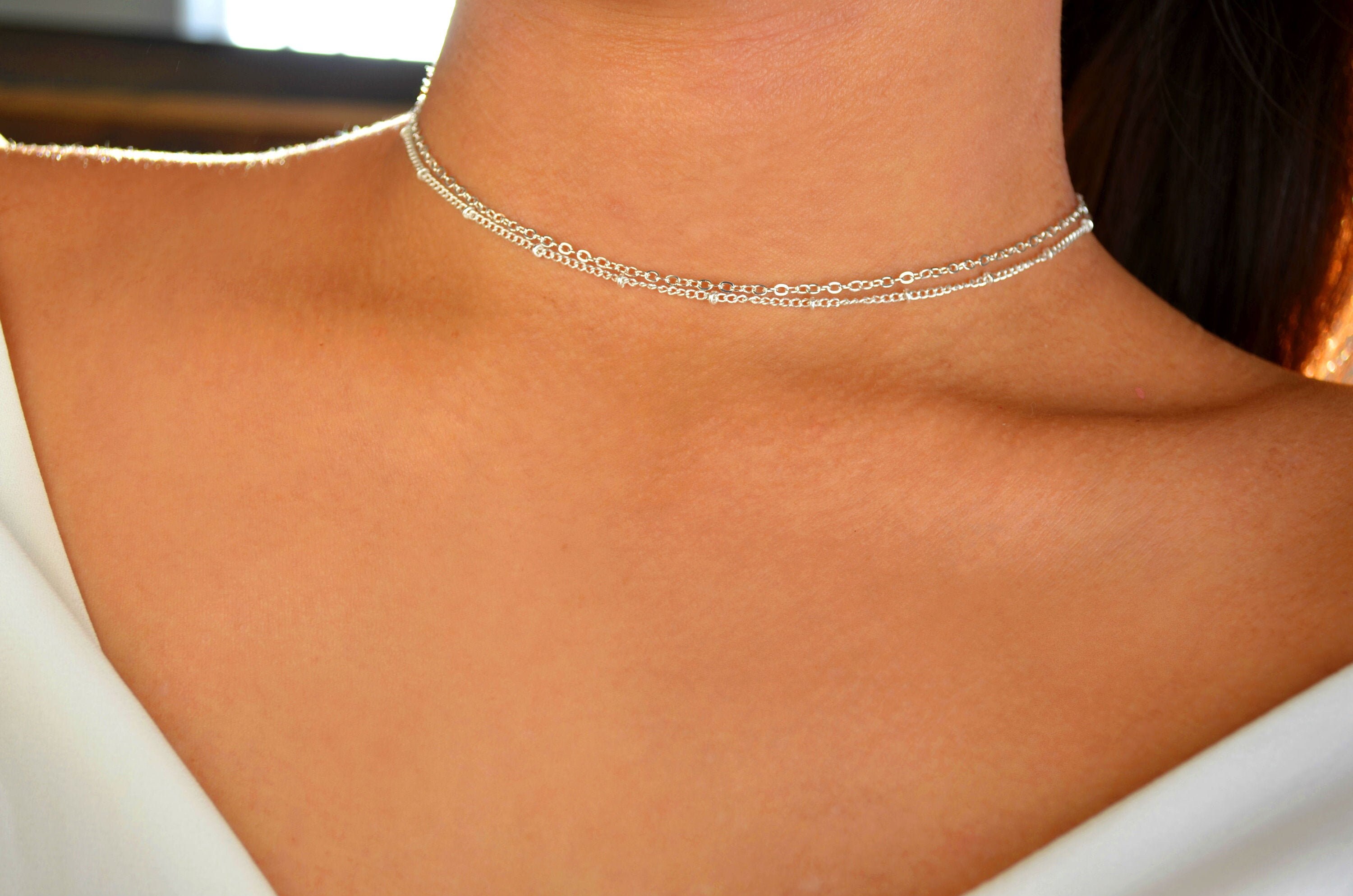 Dainty Silver Double Strand Choker, Elegant Simple Thin Delicate ...