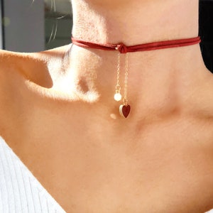 Red Dangling Heart Suede Choker / Red Suede Choker Dangling Heart Charm ...