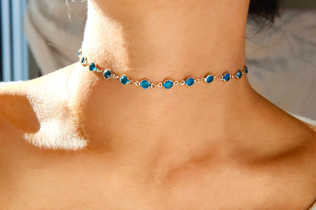 Elegant Blue Rhinestone Choker / Blue Cz Crystal Choker / Blue Cz ...