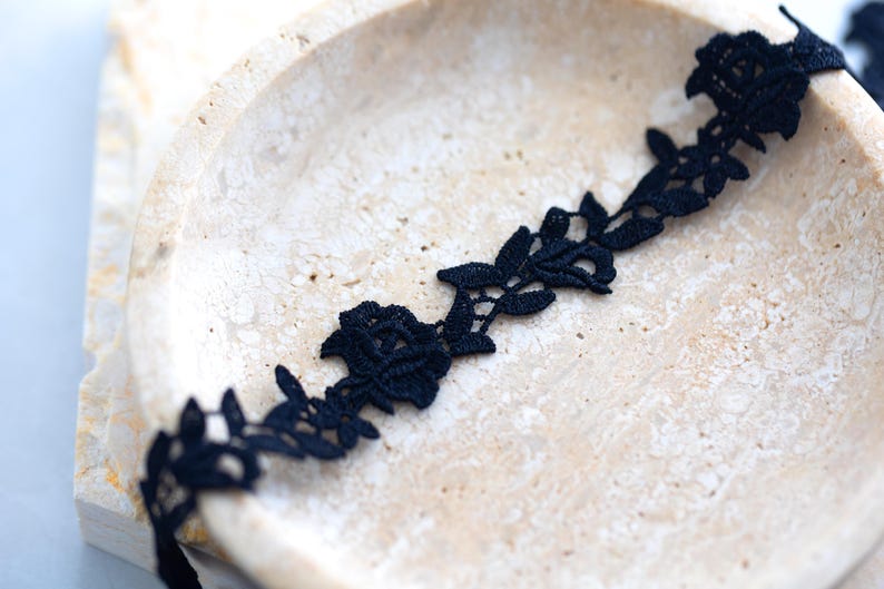 Black Lace Rose Thorn Vine Choker: Asymmetrical Embroidered Floral ...