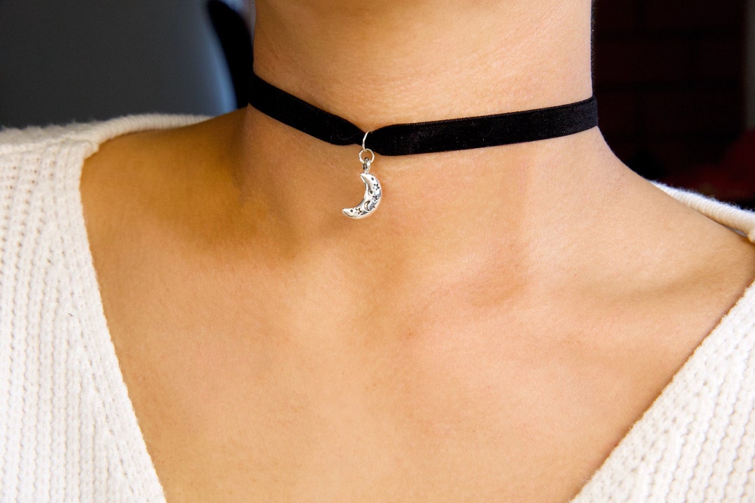Velvet Moon Choker / Black Velvet Choker Moon Charm / Silver Moon ...
