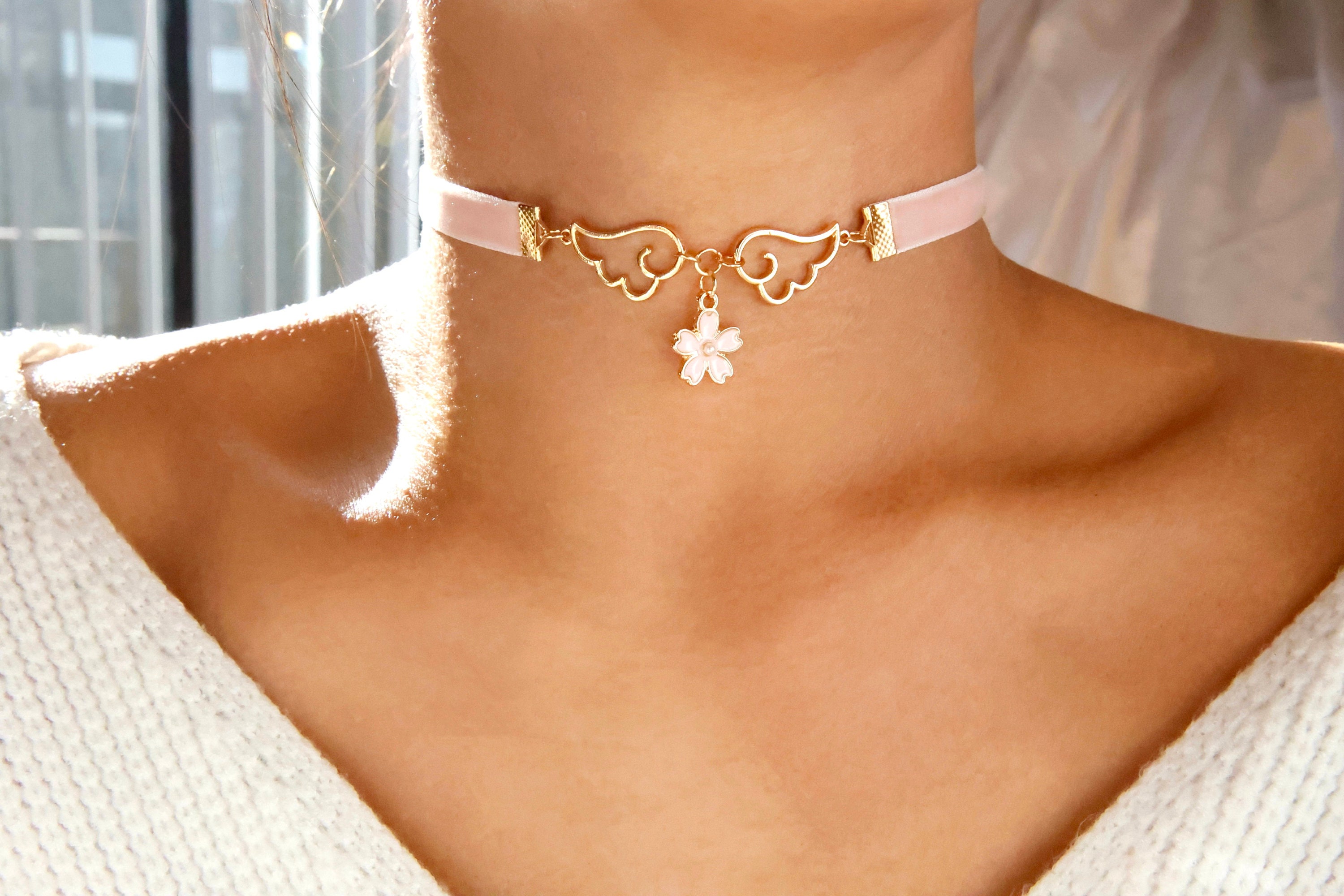 Pastel Pink Floral Choker: Light Pink Wing Chokers With Sakura Flower ...