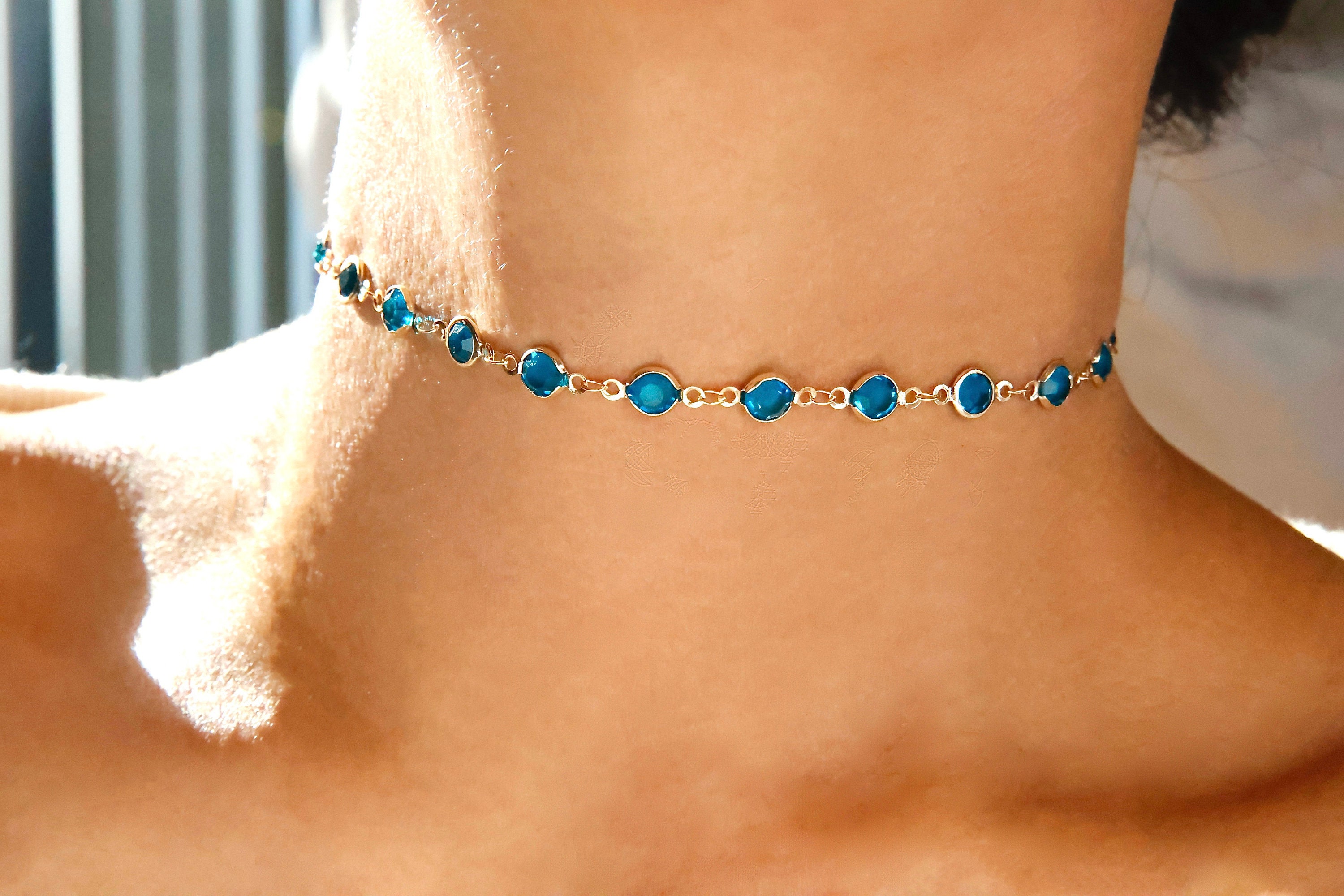 Elegant Blue Rhinestone Choker, Sea Blue Cz Crystal Gemstone Chokers ...