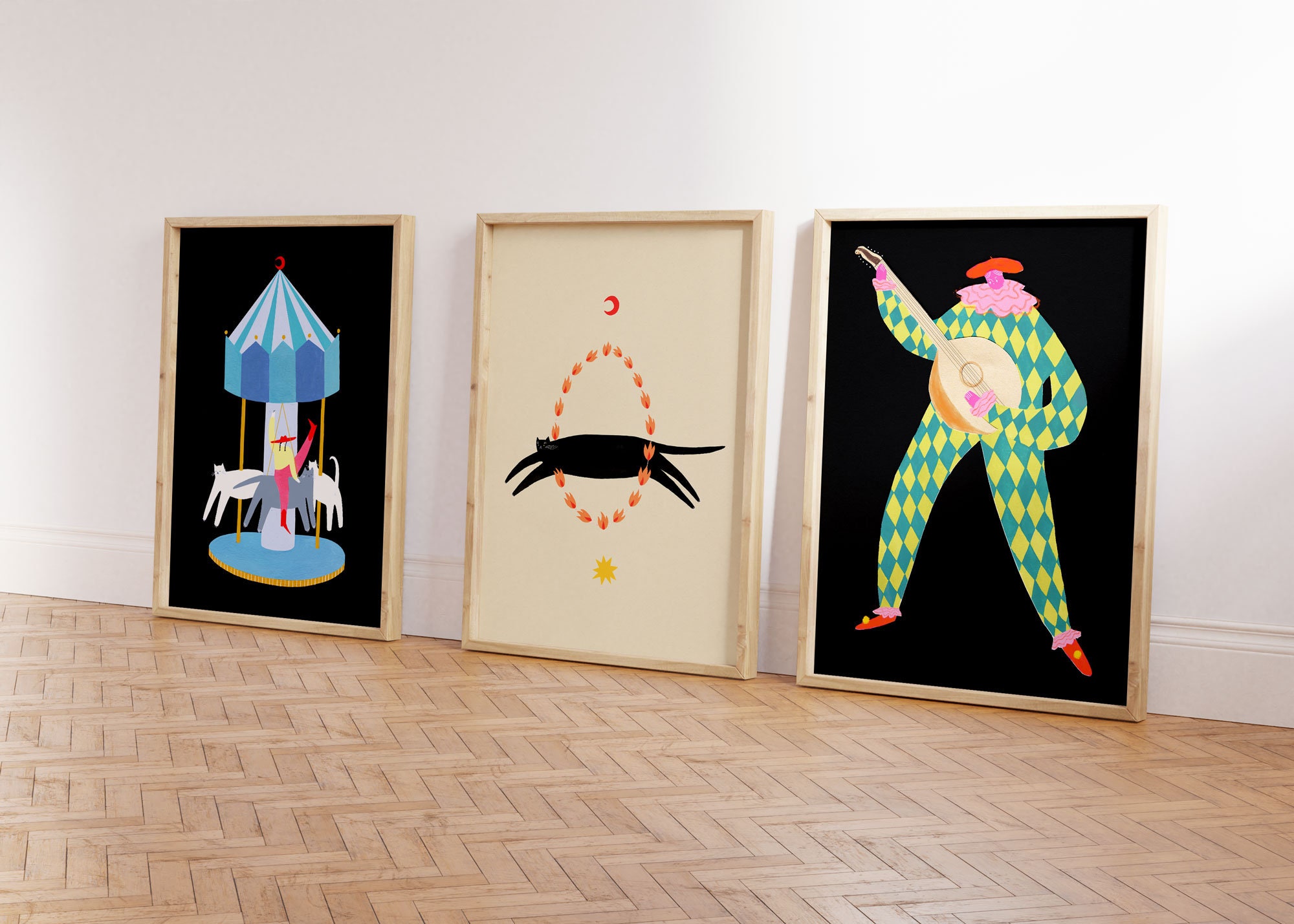 Fiery Circus Cat Art Print Black Cat Nursery Wall Art - Etsy