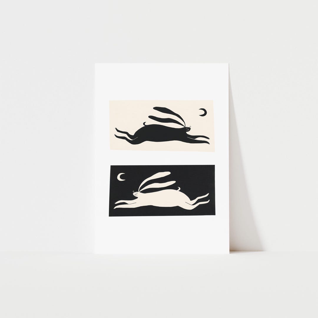 Negative Positive Rabbit Print | Leaping Hares Under Crescent Moon ...