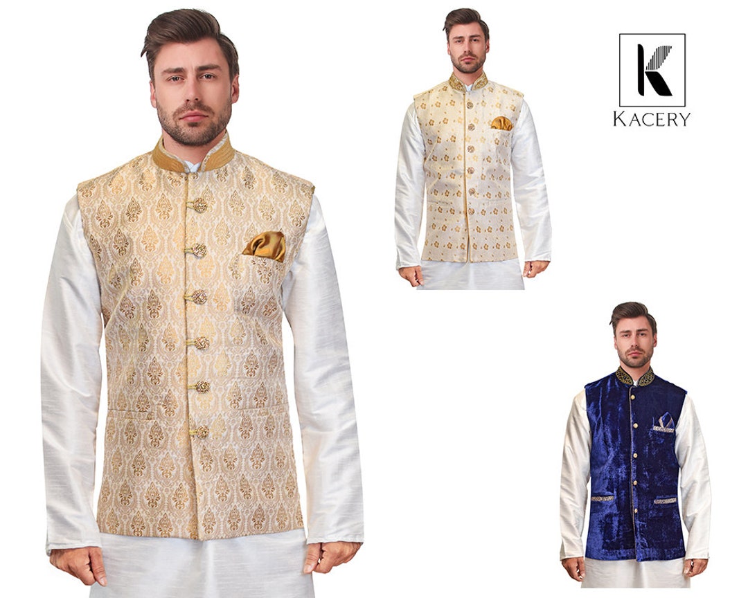 Men's Indian Waistcoat Modi Jacket Jute Fabric Nehru Style Fancy Koti ...