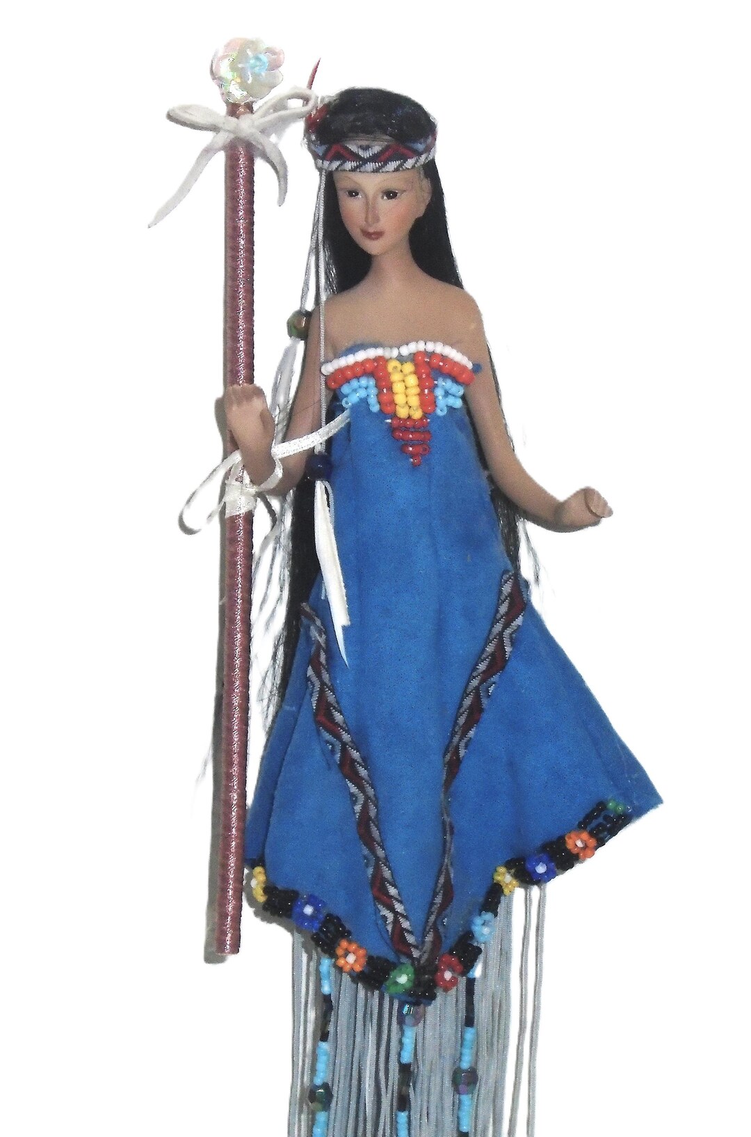 Vintage 15" Porcelain Native American Indian W/ Spirit Stick Tassel ...