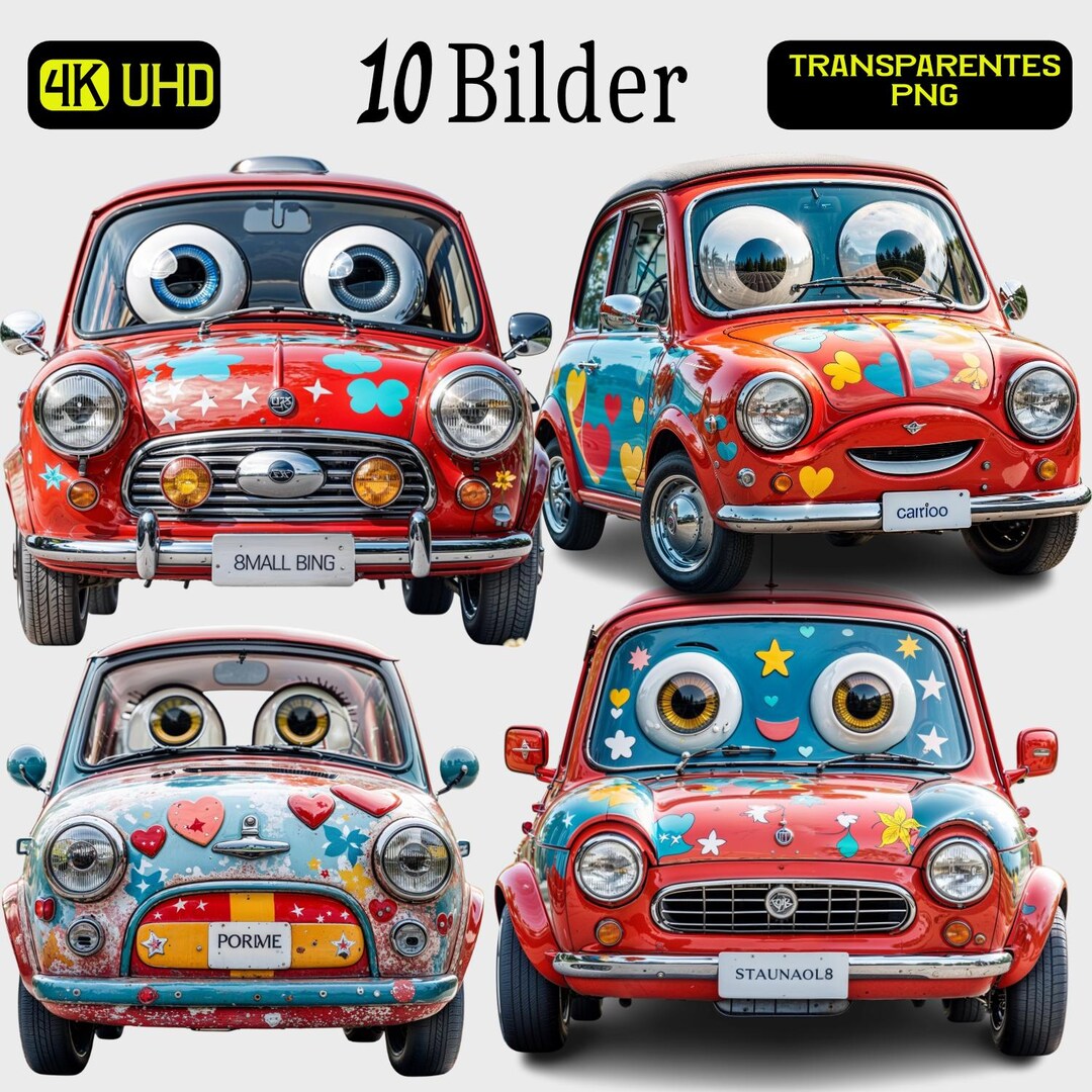 Funny Car PNG Set 10 Colorful Cartoon Cars With Eyes & Emotions ...