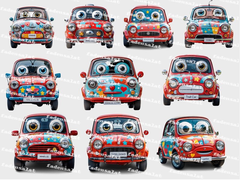 Funny Car PNG Set 10 Colorful Cartoon Cars With Eyes & Emotions ...