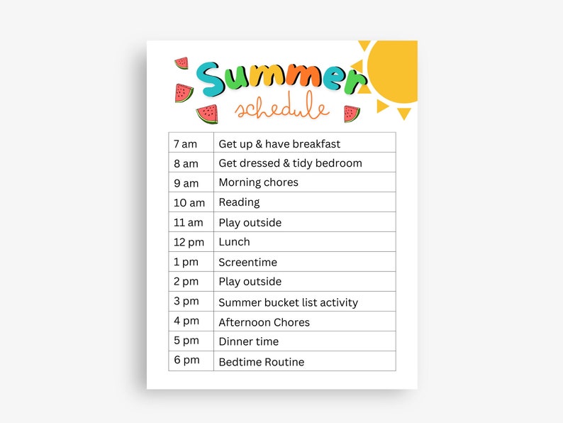 Summer Schedule for Kids, Summer Chore Chart, Summer Checklist, Kids ...