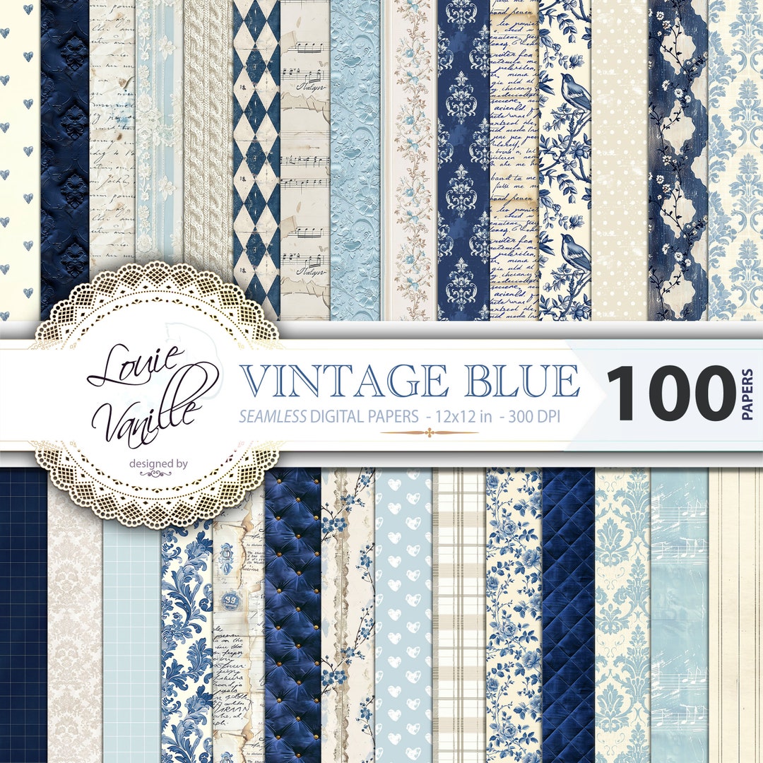 Vintage Blue Digital Papers, 100 Seamless Blue Background Papers, Blue ...