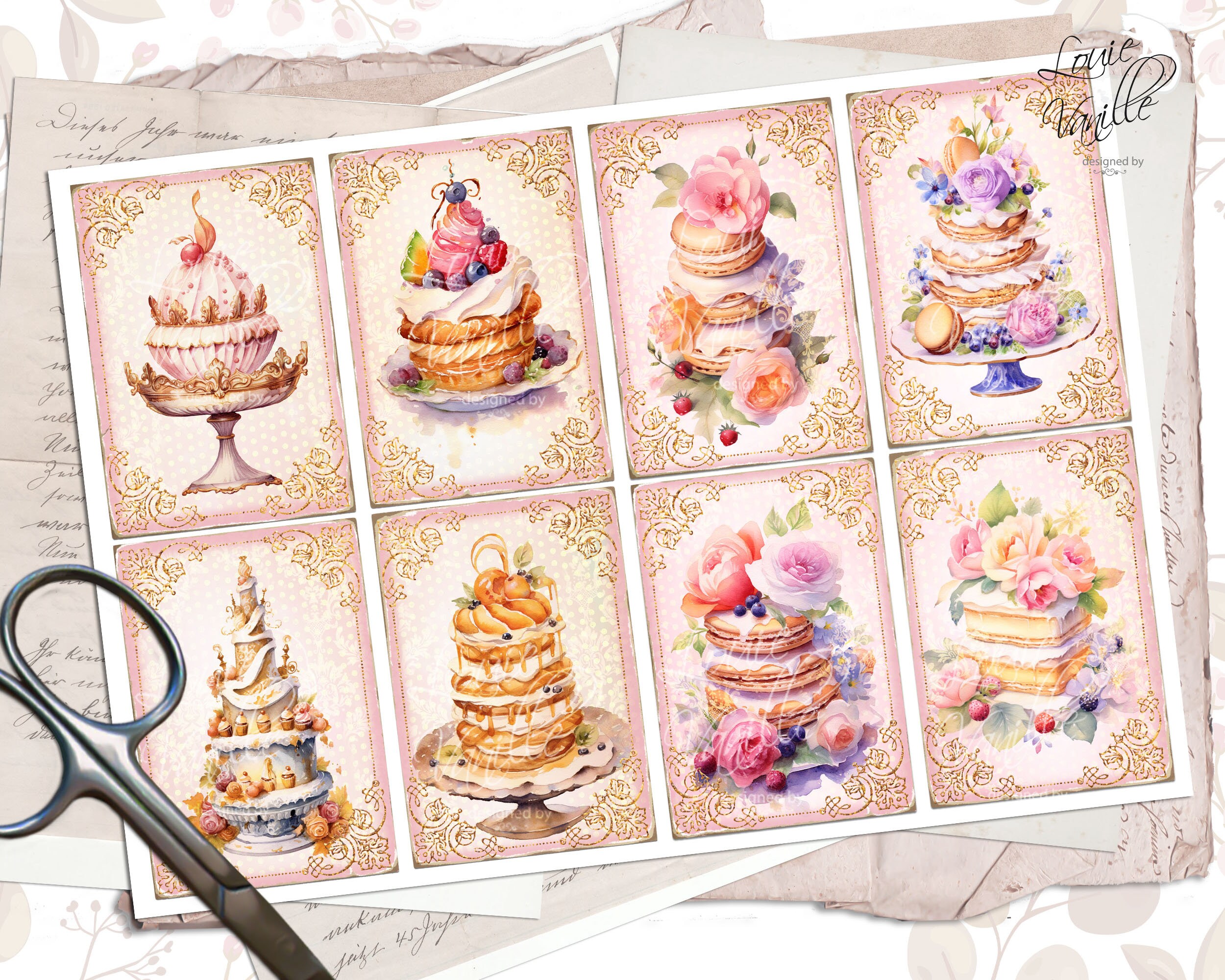 French Patisserie Printable Cards, Dessert Vintage Printable Papers ...