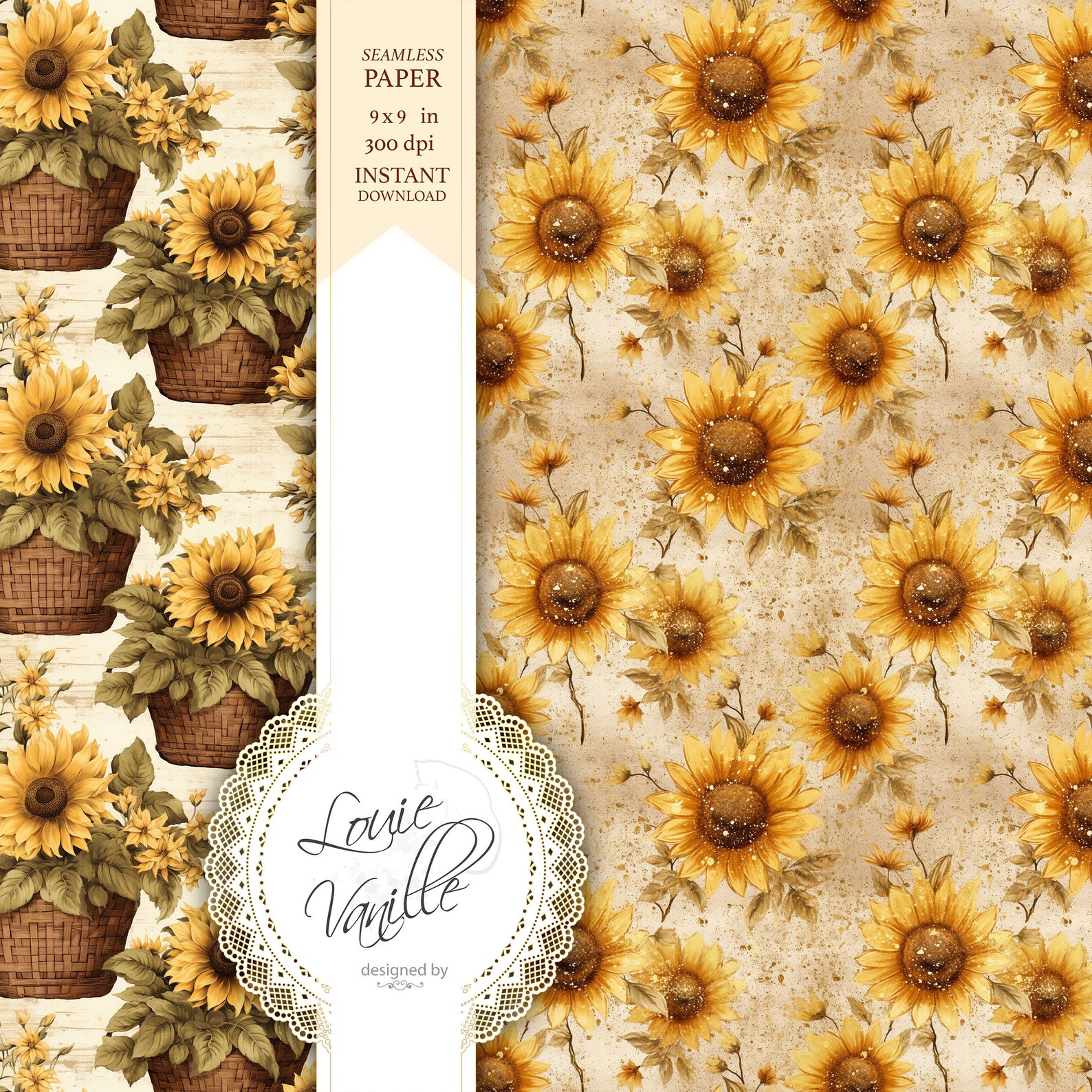 Sunflower Digital Paper Pack, SEAMLESS Vintage Distressed Background ...