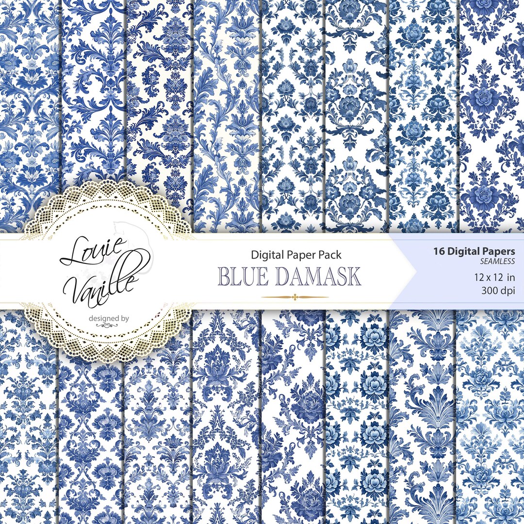 Blue Damask Digital Paper Pack: Seamless Delft Background (digital ...