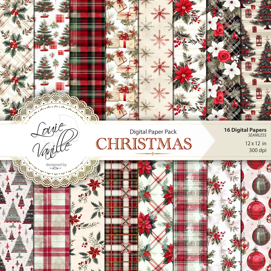 Vintage Christmas Digital Paper: Red & White Seamless Patterns (digital ...