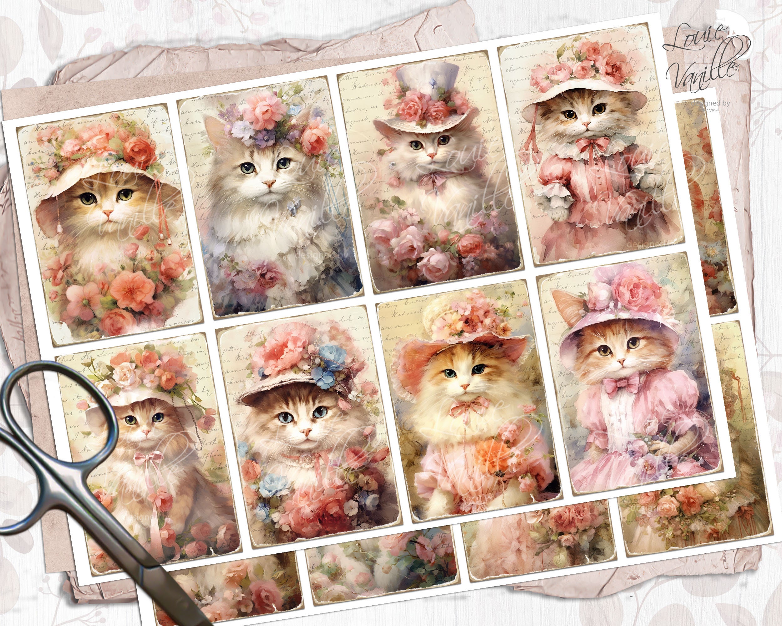 Vintage Cats Cards, Printable Papers, Scrapbooking, Digital Download ...