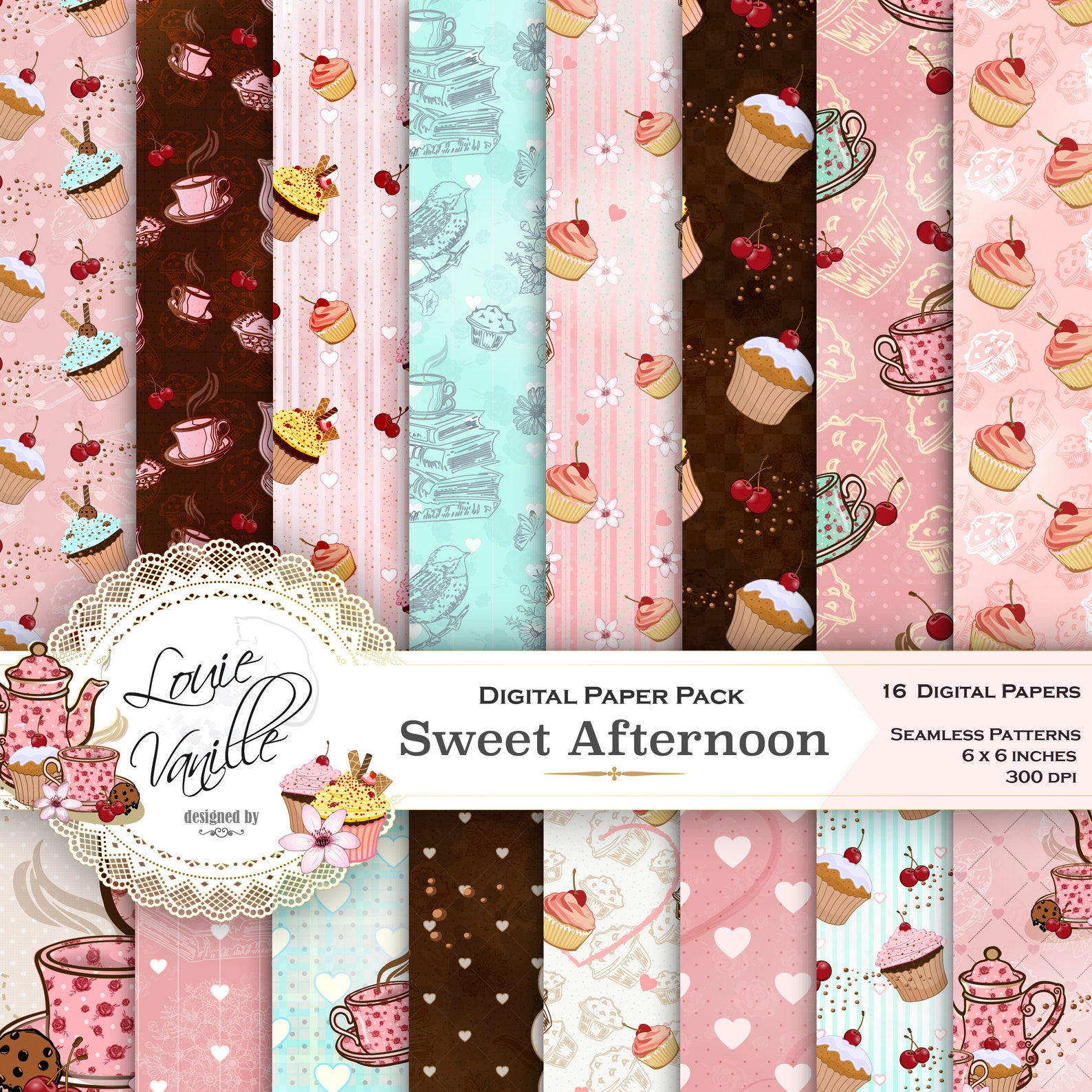 Tea Party Digital Paper Pack, Cupcake Digital Paper, Tea Party ...