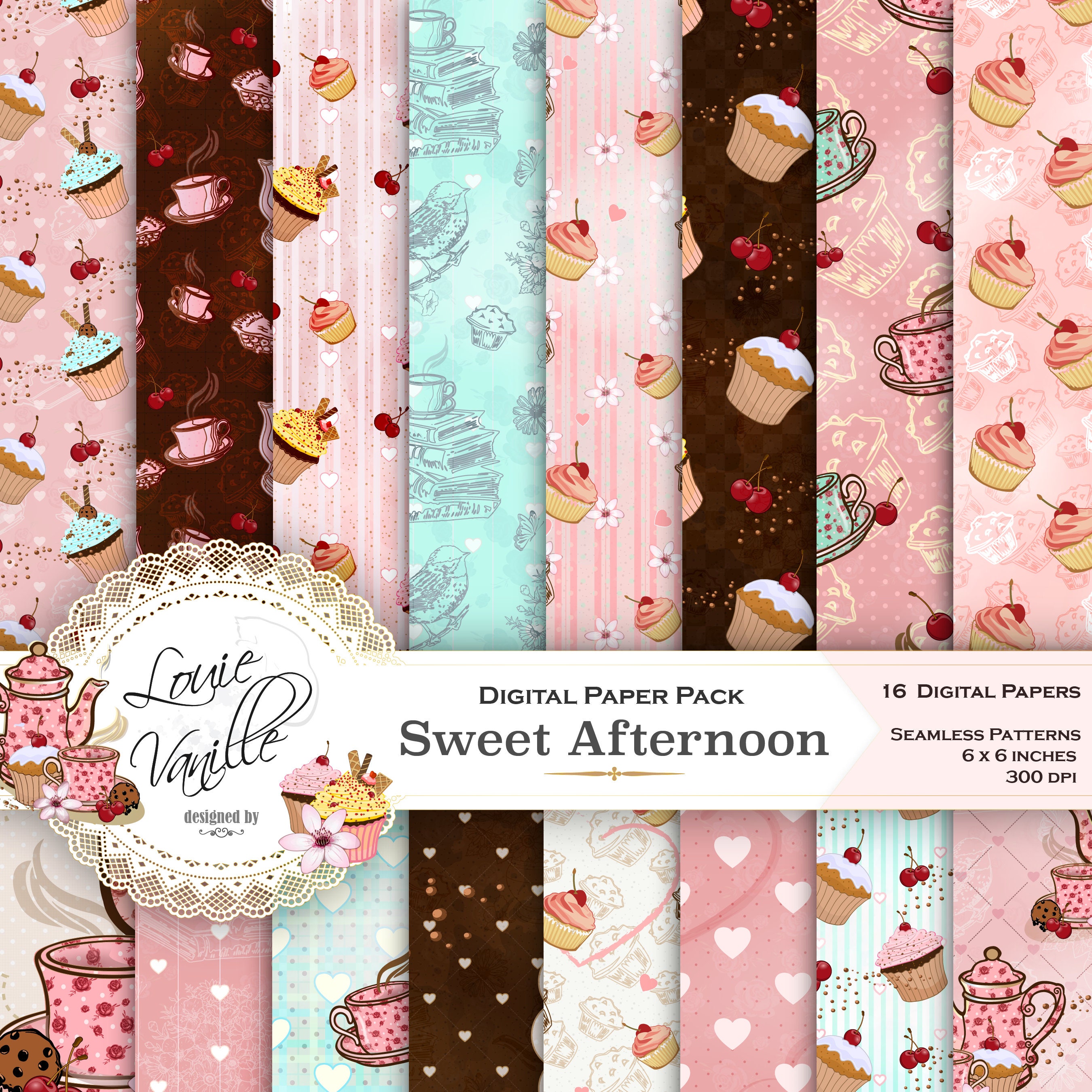 Tea Party Digital Paper Pack, Cupcake Digital Paper, Tea Party ...
