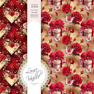 Romantic Digital Paper Vintage SEAMLESS, Red Roses Love Letter Vintage ...