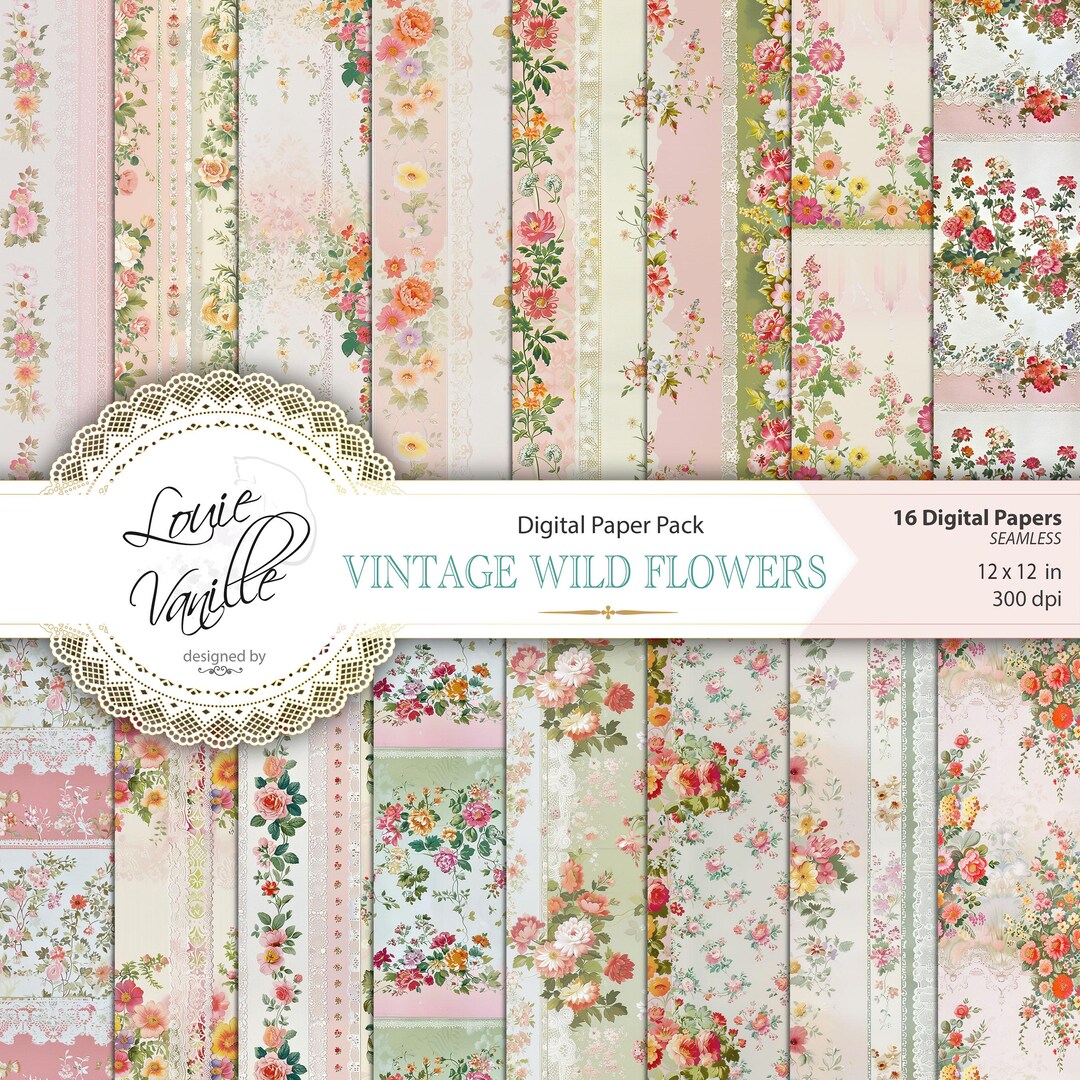 Wild Flower Vintage Digital Paper Pack, Pink SEAMLESS Distressed ...