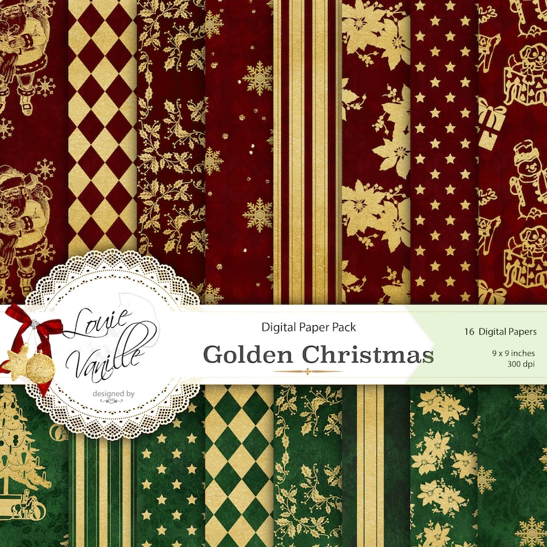 Golden Christmas Digital Paper, Christmas Digital Paper, Christmas ...