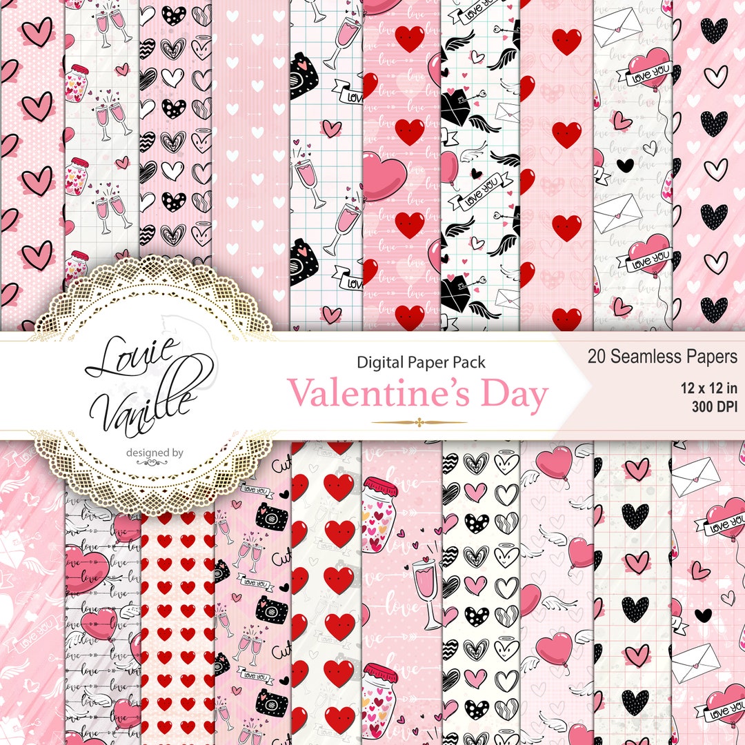Valentines Day SEAMLESS Digital Paper, Romantic Doodle Love Scrapbook ...