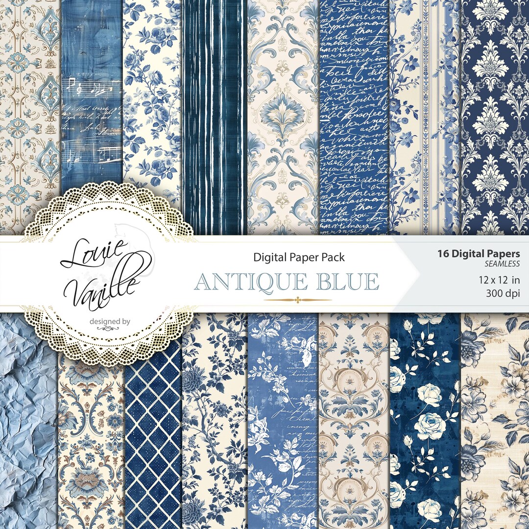 Antique Blue Digital Paper: Seamless Distressed Patterns (digital ...