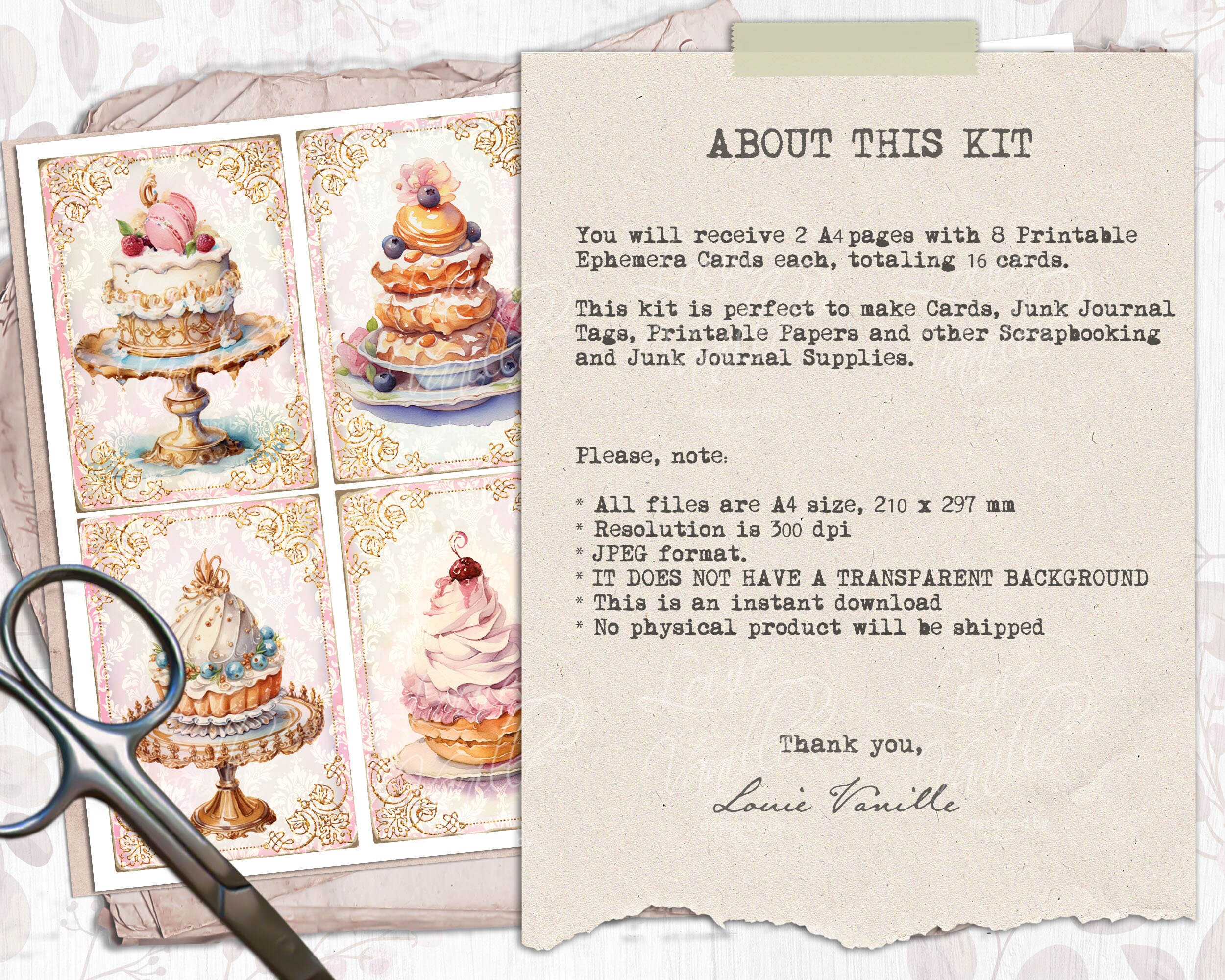 French Patisserie Printable Cards, Dessert Vintage Printable Papers ...