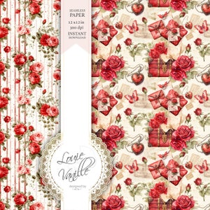Romantic Digital Paper Vintage SEAMLESS, Red Roses Love Letter Vintage ...