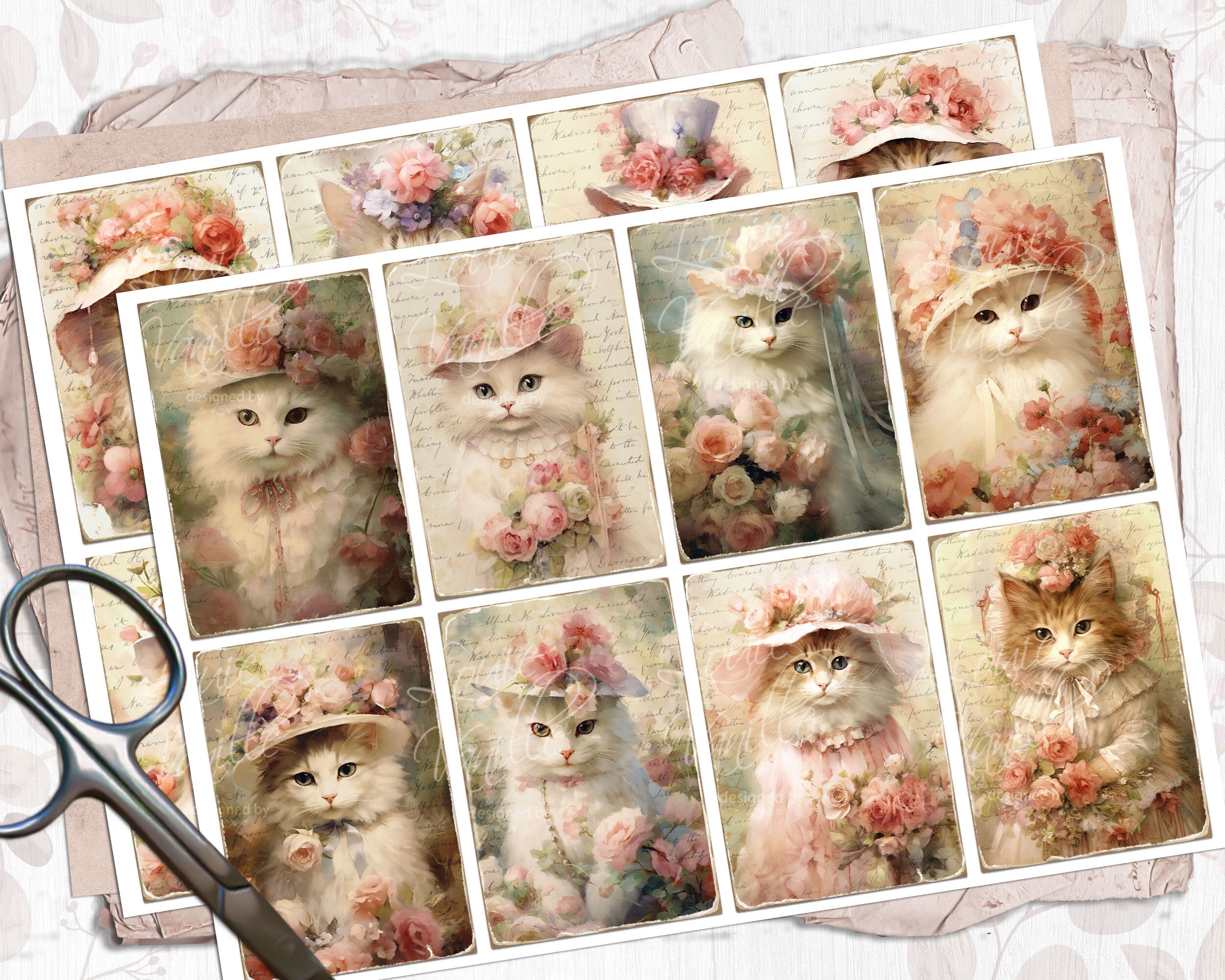 Vintage Cats Cards, Printable Papers, Scrapbooking, Digital Download ...