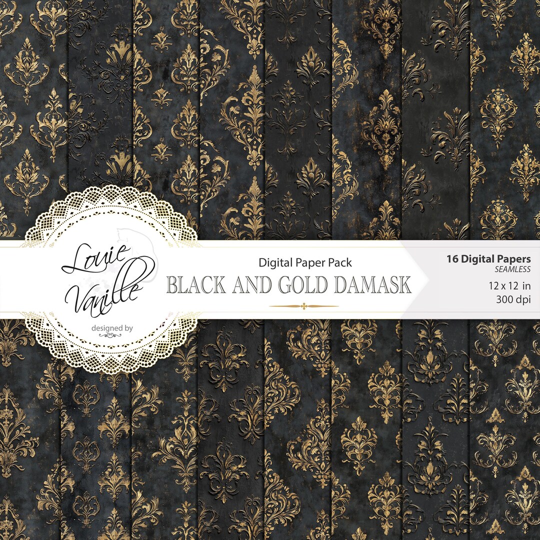 Black and Gold Damask SEAMLESS Digital Paper, Golden Embossed Damask ...