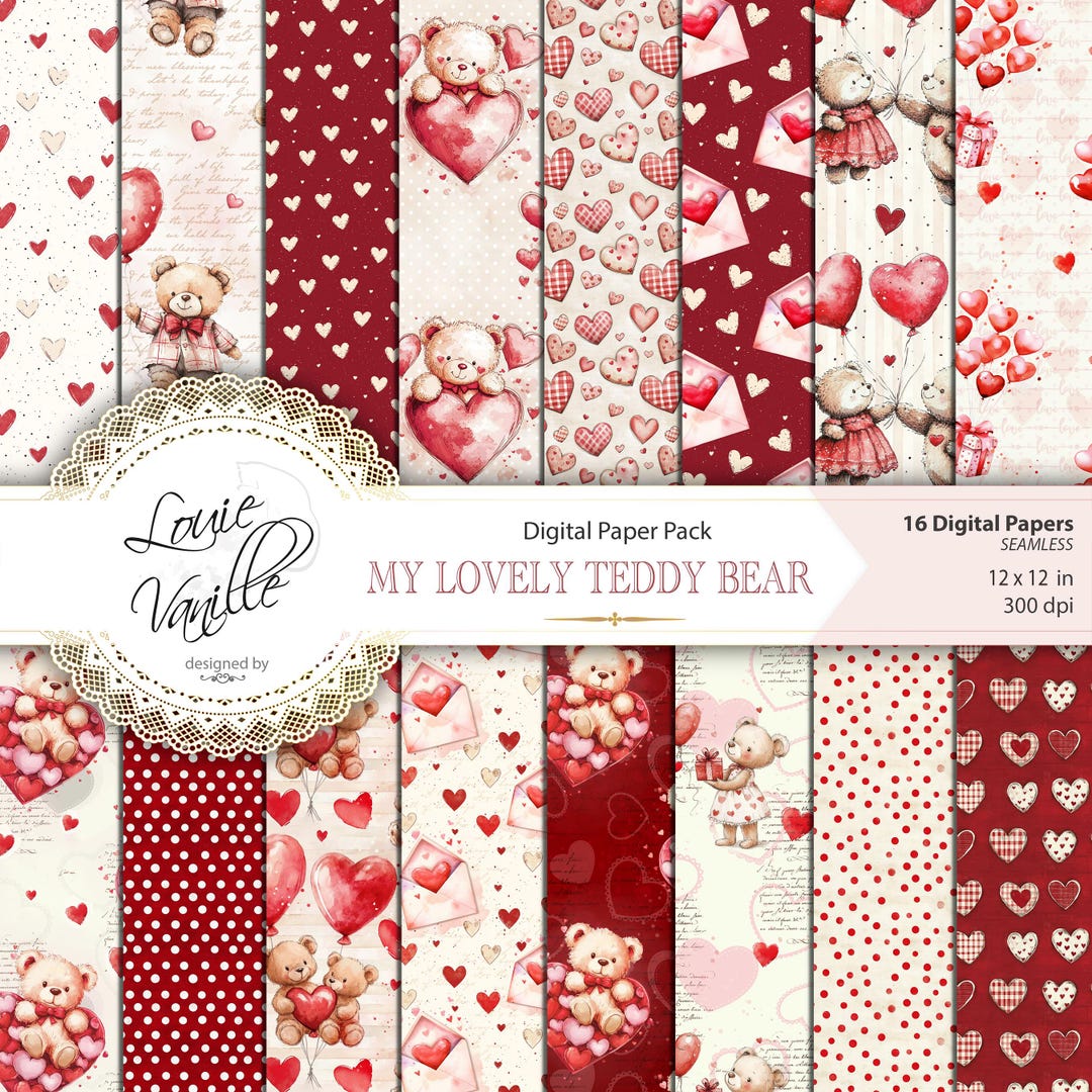 Valentine's Teddy Bears SEAMLESS Digital Paper, Vintage Love Romantic ...