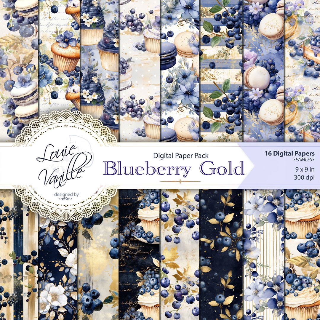 Blueberry Gold Digital Paper Pack: Watercolor Scrapbook Printables ...