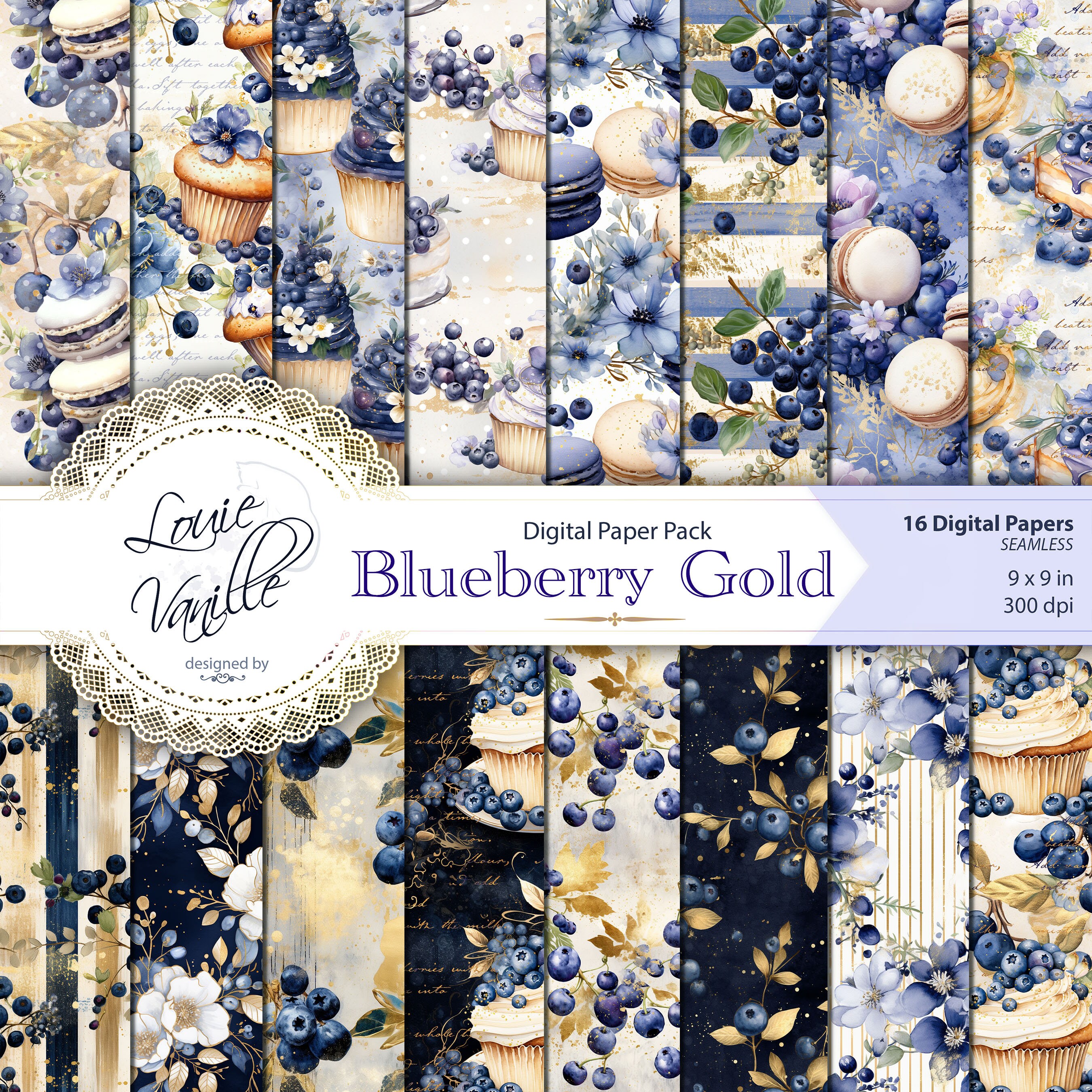 Blueberry Gold Digital Paper Pack, SEAMLESS Blueberry Background Paper ...