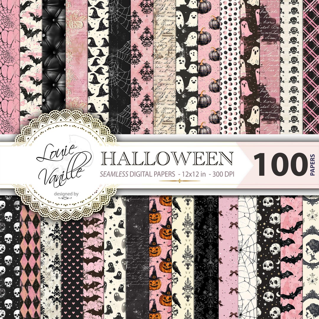 Pink Halloween Digital Paper Pack: 100 Seamless Backgrounds (digital ...