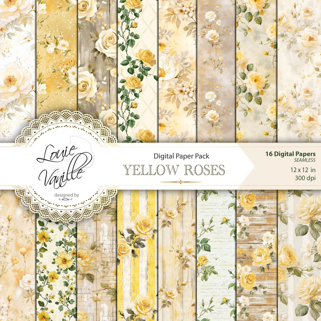Yellow Roses Digital Paper Pack: Seamless Shabby Chic Backgrounds ...