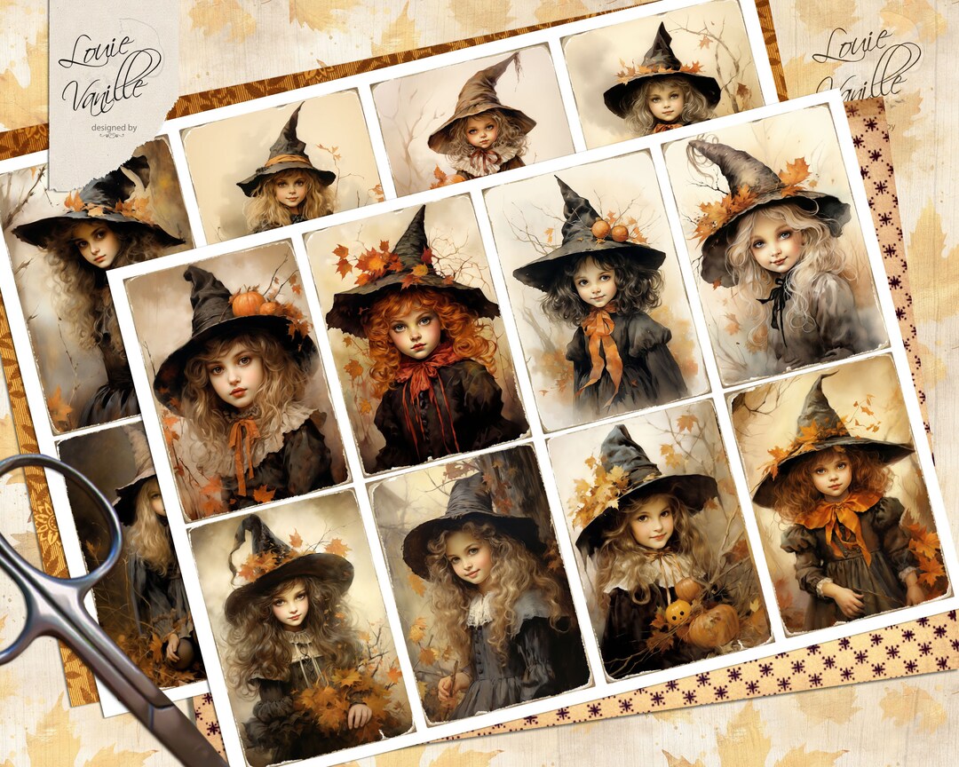Vintage Witch Cards, Fall Printable Papers, Autumn, Halloween ...