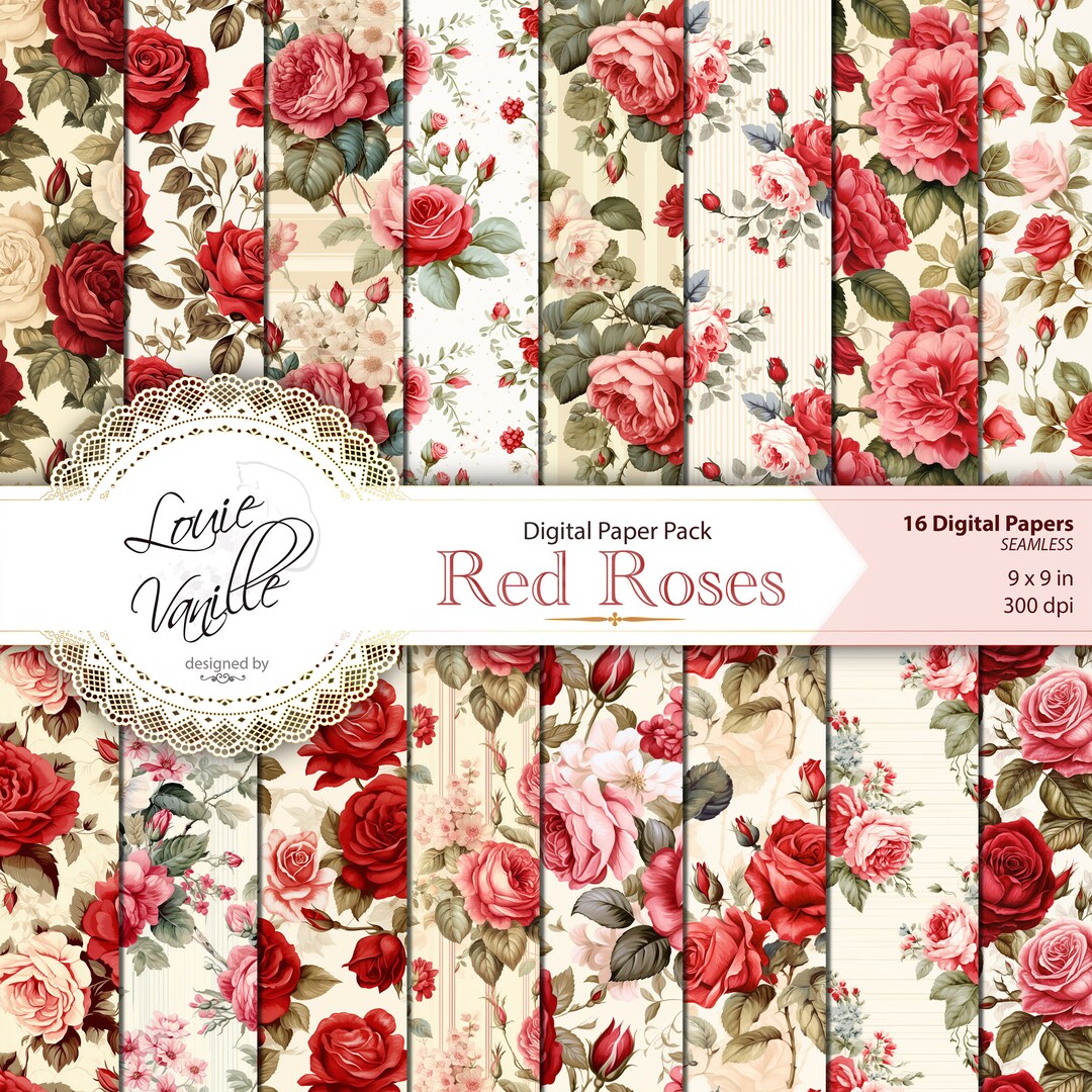 Red Roses Digital Paper Pack: Seamless Vintage Backgrounds (digital ...